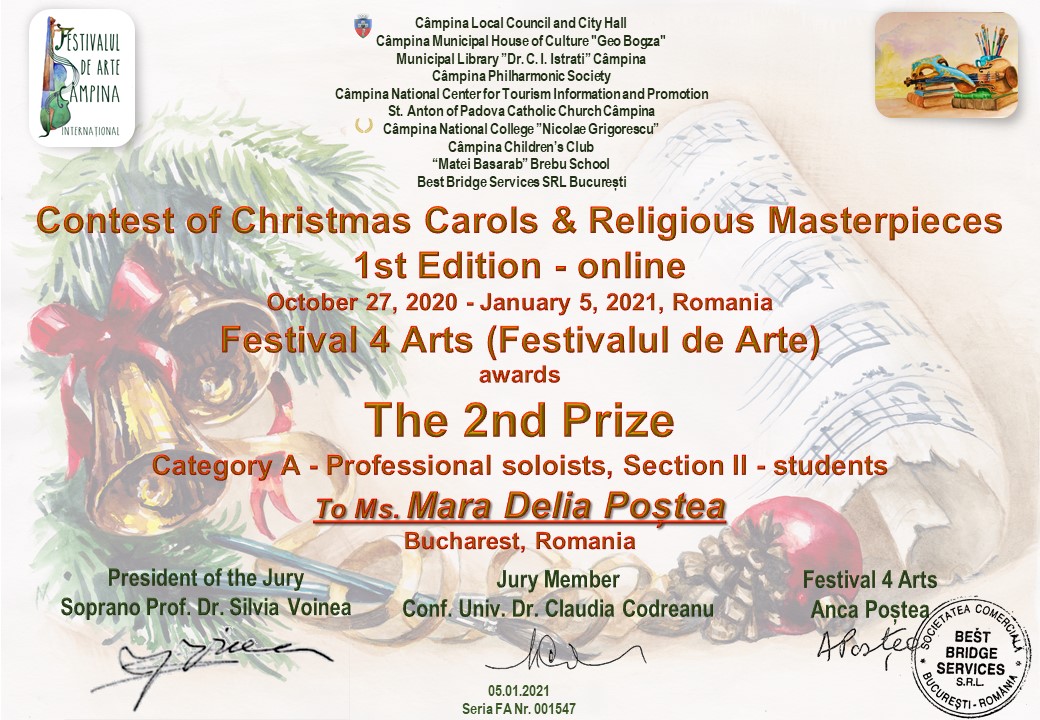 Premiile pentru Concursul de Colinde și Piese Religioase - Festival 4 Arts