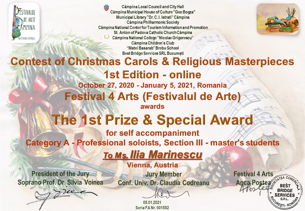 Premiile pentru Concursul de Colinde și Piese Religioase - Festival 4 Arts
